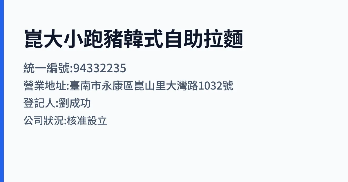 崑大小跑豬韓式自助拉麵 - 統編 94332235（臺南市） 公司登記資料與營業項目詳細圖表