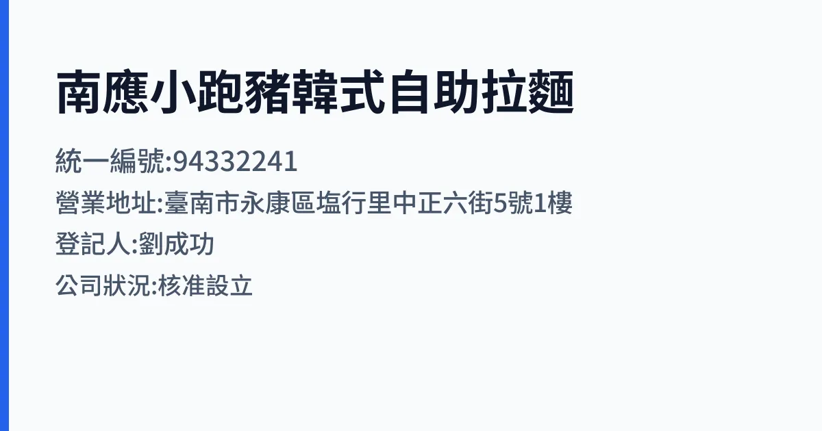 南應小跑豬韓式自助拉麵 - 統編 94332241(臺南市) 公司登記資料與營業項目詳細圖表