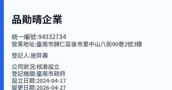 品勛晴企業的照片-統編 94332734(臺南市) 公司登記資料與營業項目詳細圖表