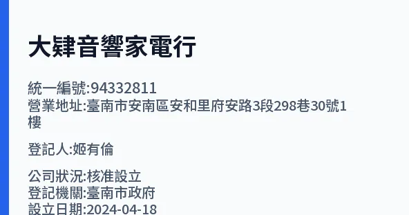 大肄音響家電行的照片-統編 94332811(臺南市) 公司登記資料與營業項目詳細圖表
