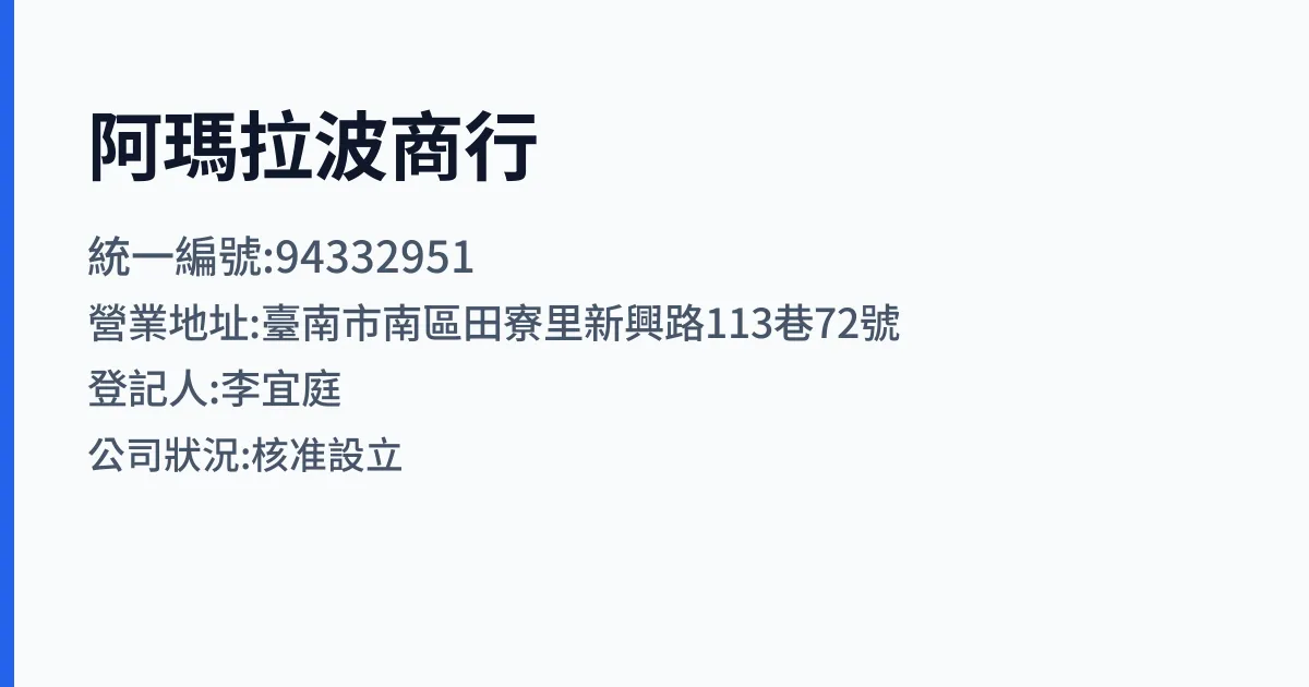 阿瑪拉波商行 - 統編 94332951(臺南市) 公司登記資料與營業項目詳細圖表