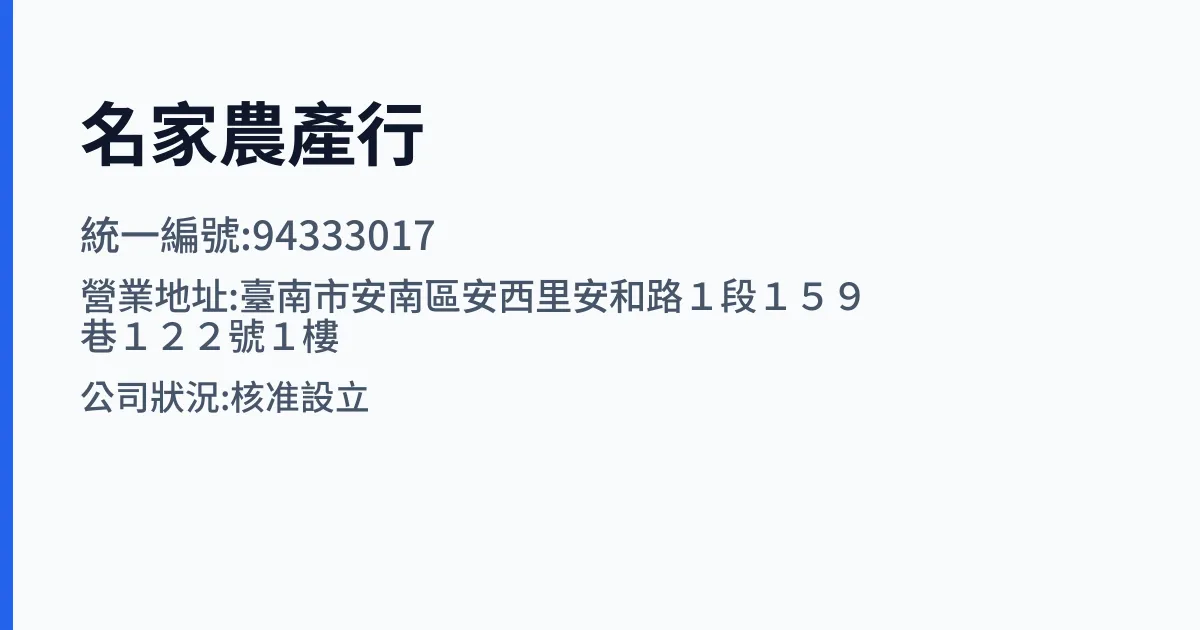 名家農產行 - 統編 94333017(臺南市) 公司登記資料與營業項目詳細圖表