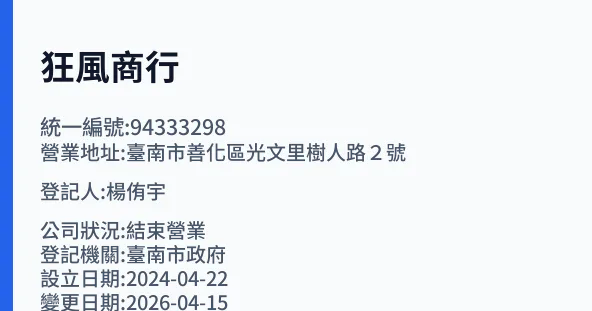 狂風商行的照片-統編 94333298(臺南市) 公司登記資料與營業項目詳細圖表