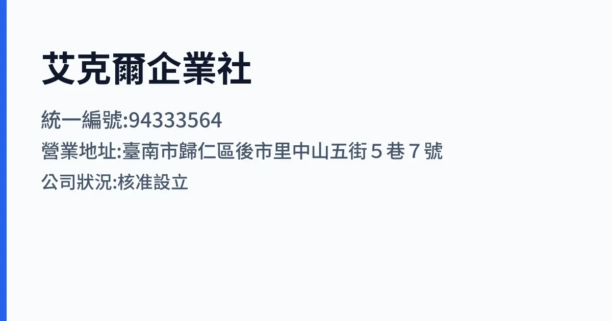 艾克爾企業社 - 統編 94333564(臺南市) 公司登記資料與營業項目詳細圖表