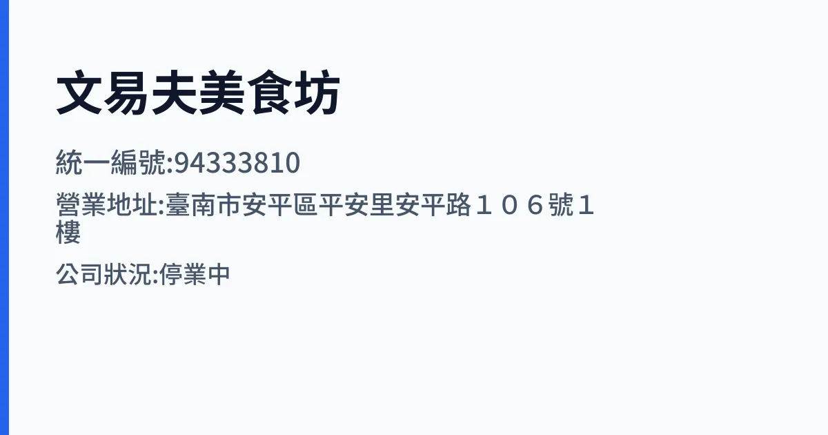 文易夫美食坊 - 統編 94333810(臺南市) 公司登記資料與營業項目詳細圖表