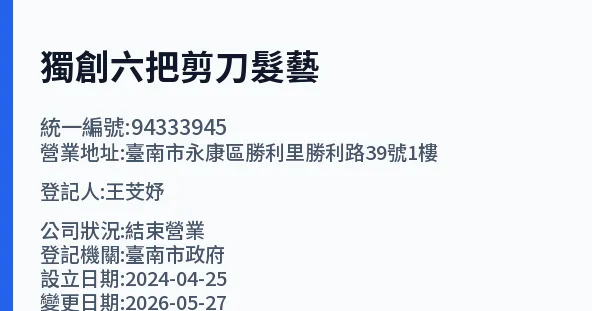 獨創六把剪刀髮藝的照片-統編 94333945(臺南市) 公司登記資料與營業項目詳細圖表