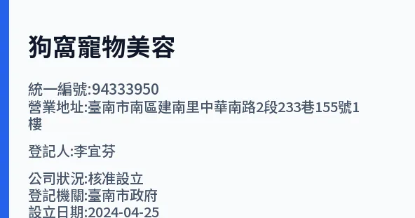 狗窩寵物美容的照片-統編 94333950(臺南市) 公司登記資料與營業項目詳細圖表