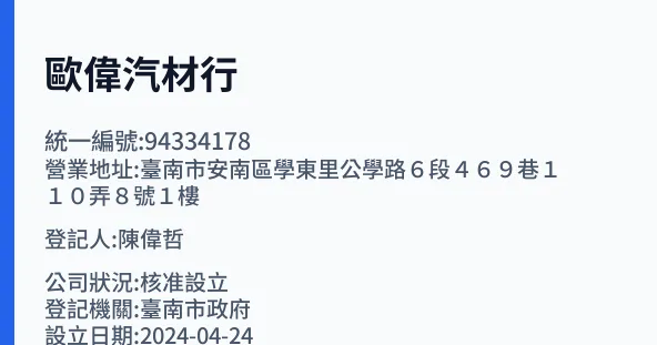 歐偉汽材行的照片-統編 94334178(臺南市) 公司登記資料與營業項目詳細圖表