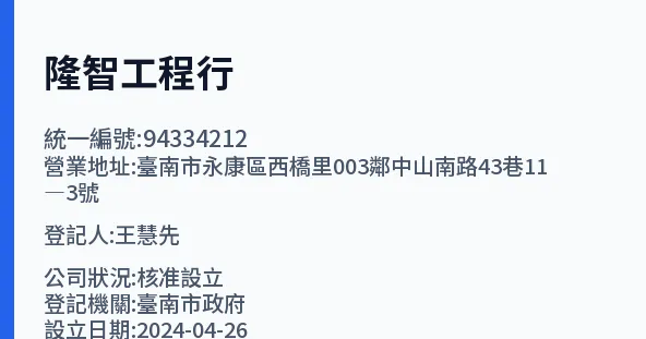 隆智工程行的照片-統編 94334212(臺南市) 公司登記資料與營業項目詳細圖表