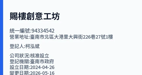 賜樓創意工坊的照片-統編 94334542(臺南市) 公司登記資料與營業項目詳細圖表