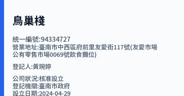 鳥巢棧的照片-統編 94334727(臺南市) 公司登記資料與營業項目詳細圖表