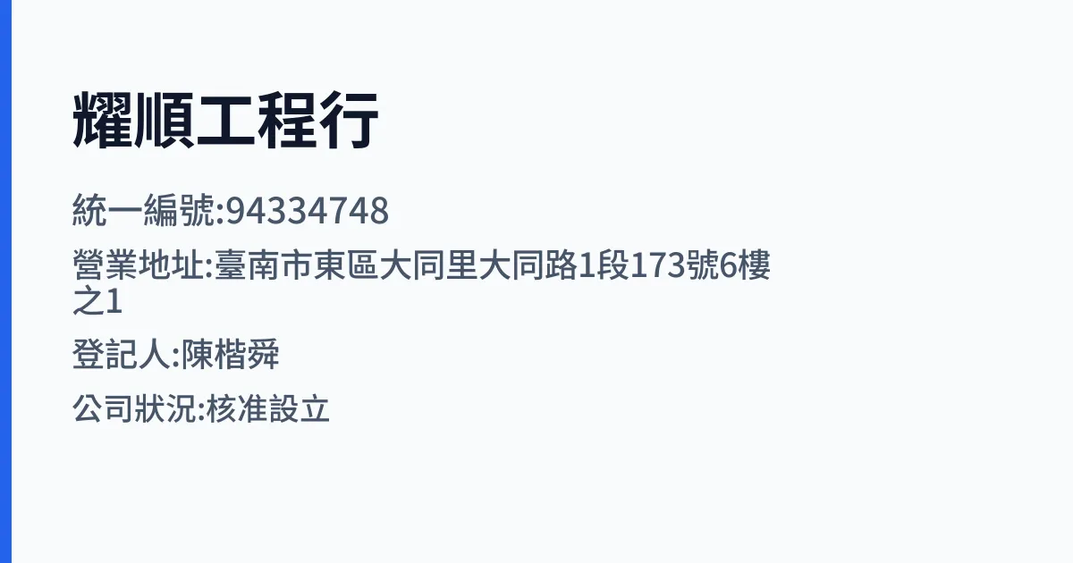 耀順工程行 - 統編 94334748(臺南市) 公司登記資料與營業項目詳細圖表