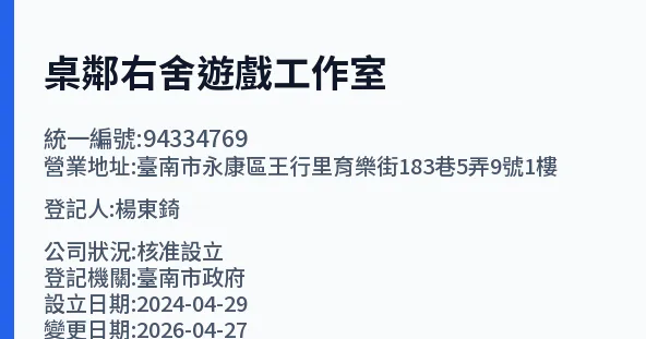 桌鄰右舍遊戲工作室的照片-統編 94334769(臺南市) 公司登記資料與營業項目詳細圖表