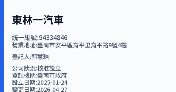 東林一汽車的照片-統編 94334846(臺南市) 公司登記資料與營業項目詳細圖表