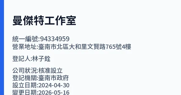 曼傑特工作室的照片-統編 94334959(臺南市) 公司登記資料與營業項目詳細圖表