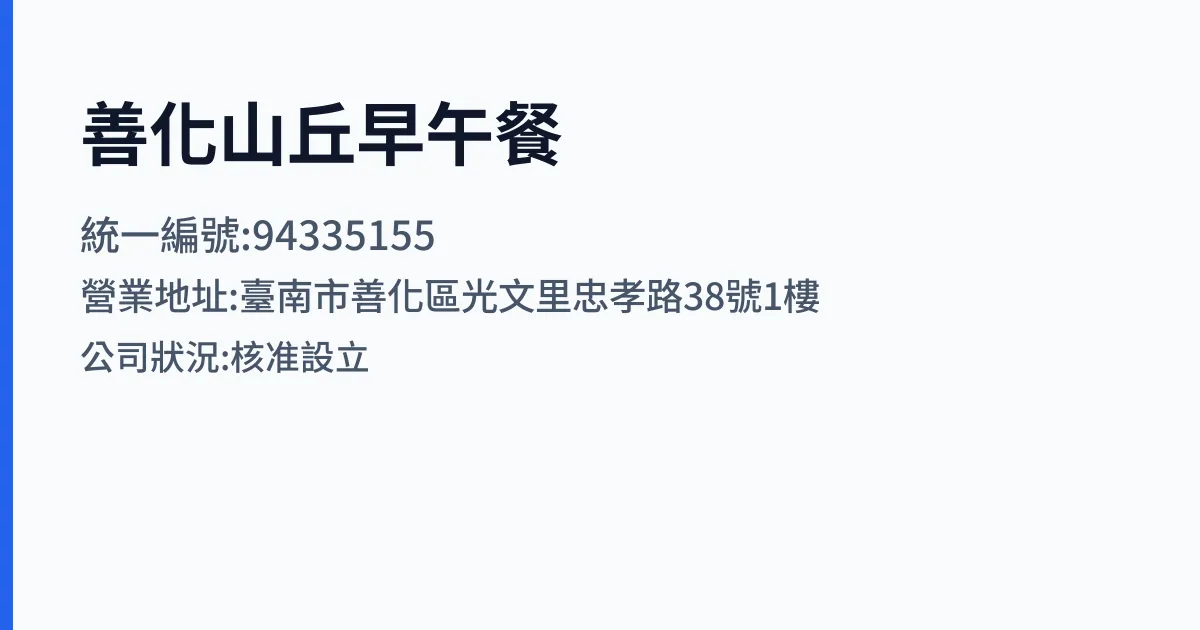善化山丘早午餐 - 統編 94335155(臺南市) 公司登記資料與營業項目詳細圖表