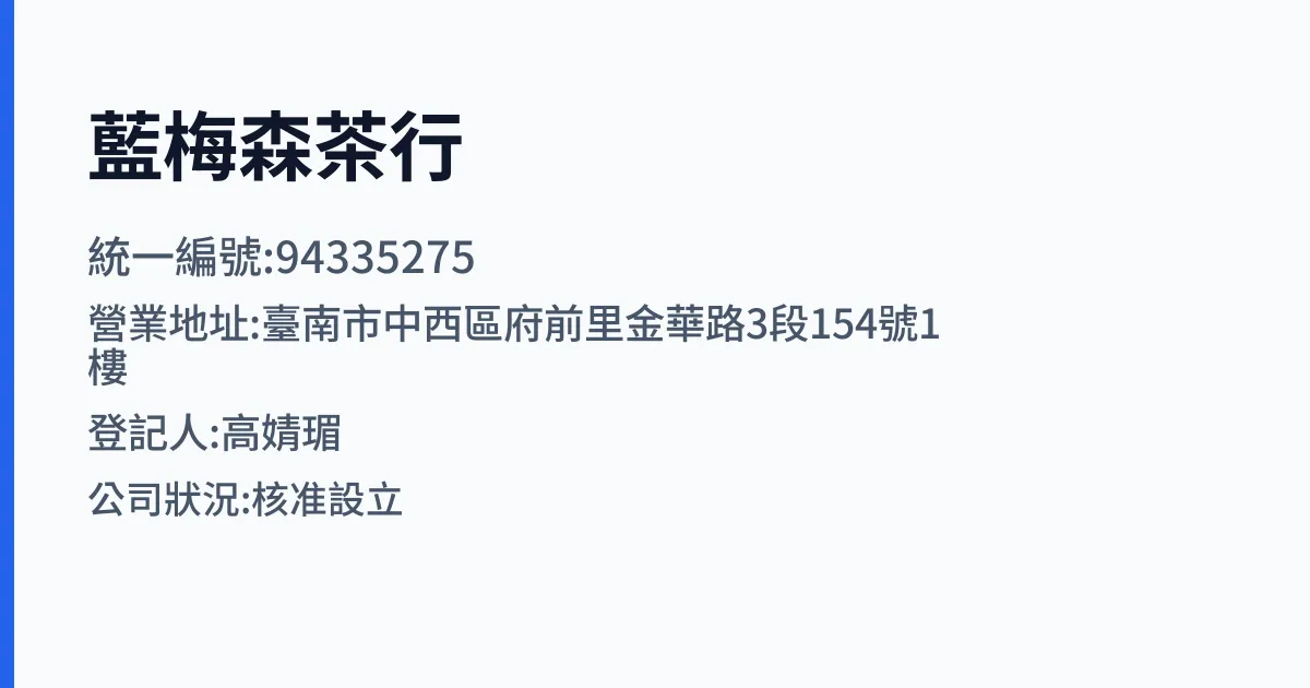 藍梅森茶行 - 統編 94335275(臺南市) 公司登記資料與營業項目詳細圖表