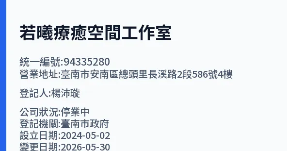 若曦療癒空間工作室的照片-統編 94335280(臺南市) 公司登記資料與營業項目詳細圖表