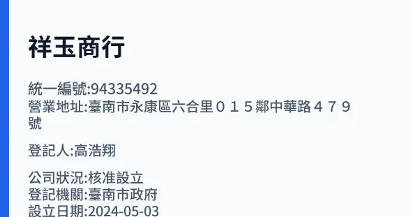 祥玉商行的照片-統編 94335492(臺南市) 公司登記資料與營業項目詳細圖表