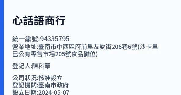 心話語商行的照片-統編 94335795(臺南市) 公司登記資料與營業項目詳細圖表