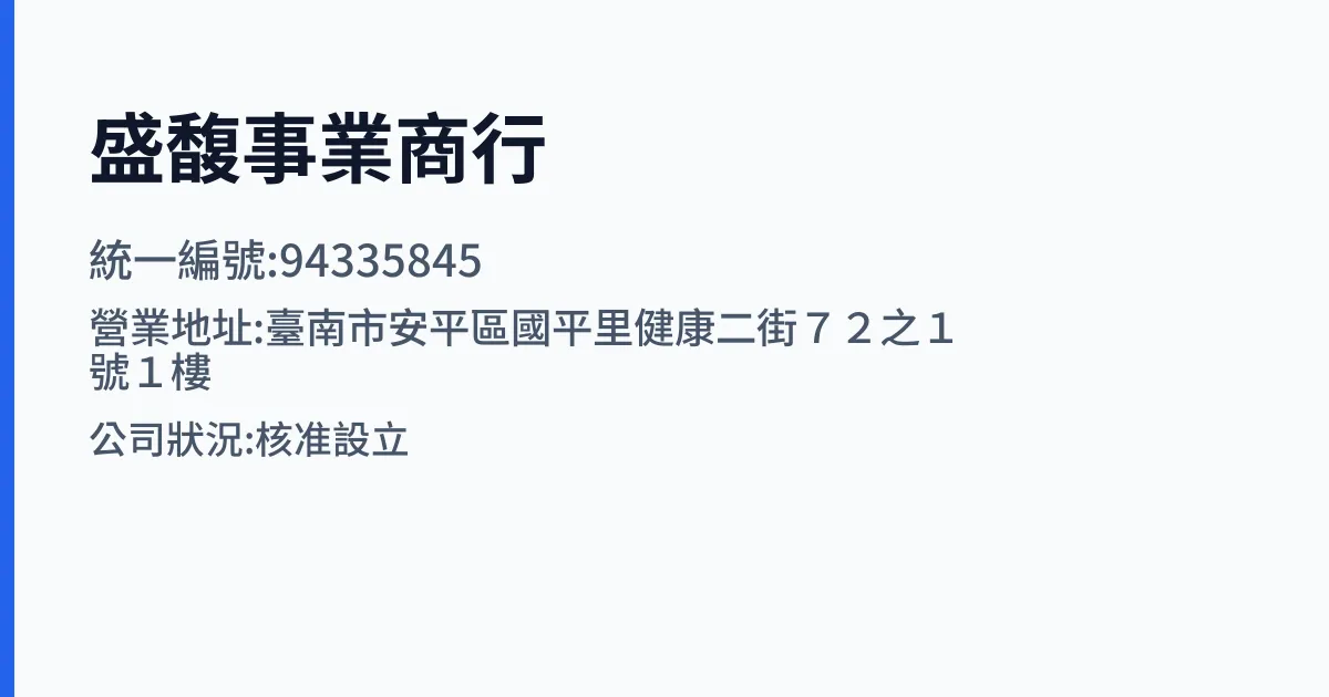 盛馥事業商行 - 統編 94335845(臺南市) 公司登記資料與營業項目詳細圖表