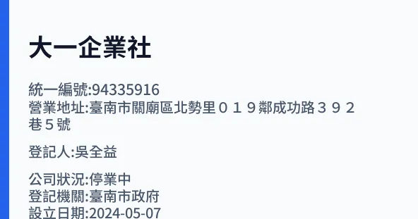 大一企業社的照片-統編 94335916(臺南市) 公司登記資料與營業項目詳細圖表