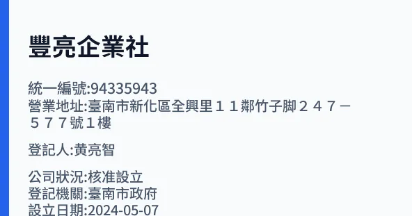豐亮企業社的照片-統編 94335943(臺南市) 公司登記資料與營業項目詳細圖表