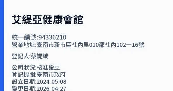艾緹亞健康會館的照片-統編 94336210(臺南市) 公司登記資料與營業項目詳細圖表