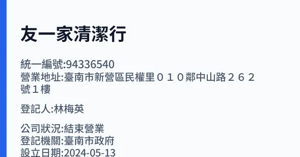 友一家清潔行的照片-統編 94336540(臺南市) 公司登記資料與營業項目詳細圖表