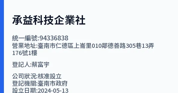 承益科技企業社的照片-統編 94336838(臺南市) 公司登記資料與營業項目詳細圖表