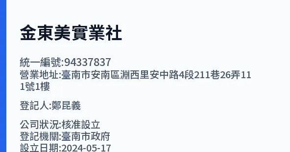 金東美實業社的照片-統編 94337837(臺南市) 公司登記資料與營業項目詳細圖表