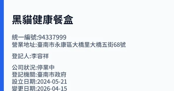 黑貓健康餐盒的照片-統編 94337999(臺南市) 公司登記資料與營業項目詳細圖表