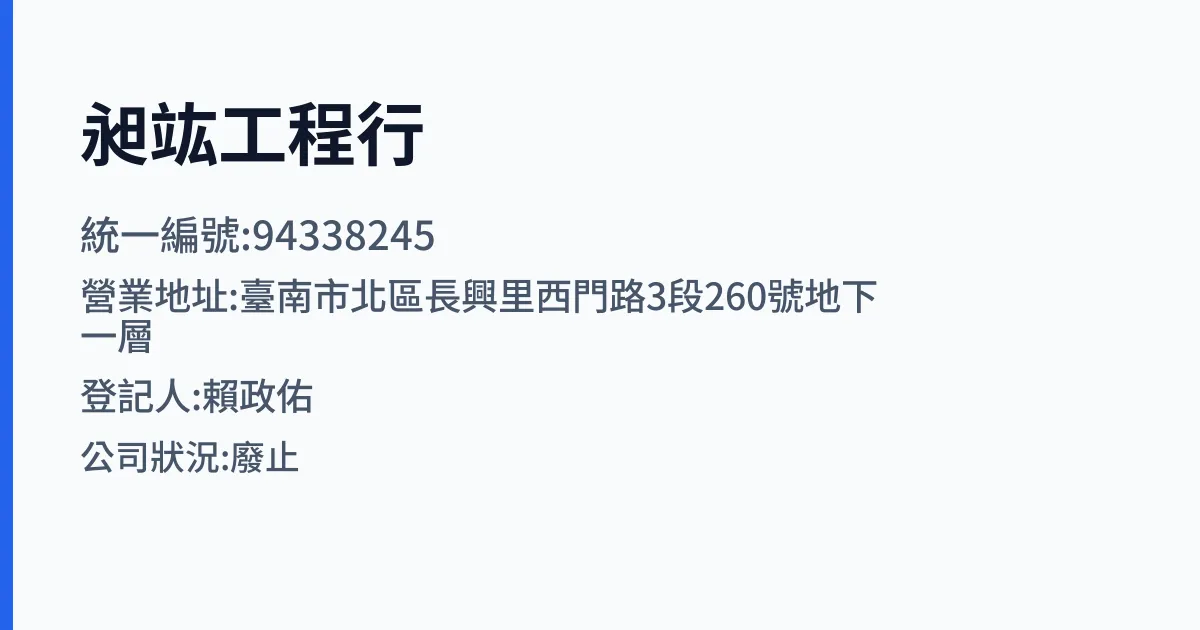 昶竑工程行 - 統編 94338245(臺南市) 公司登記資料與營業項目詳細圖表
