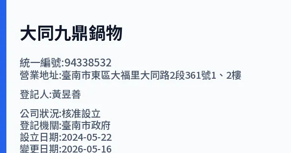 大同九鼎鍋物的照片-統編 94338532(臺南市) 公司登記資料與營業項目詳細圖表
