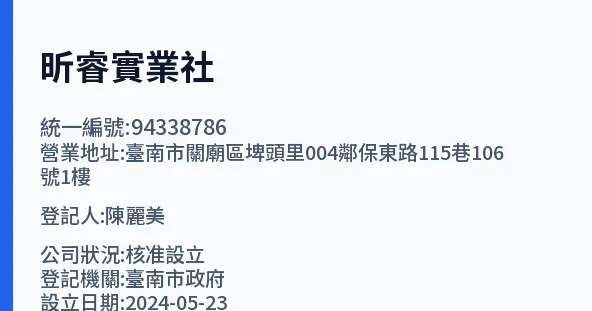 昕睿實業社的照片-統編 94338786(臺南市) 公司登記資料與營業項目詳細圖表