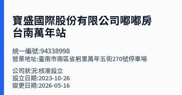 寶盛國際股份有限公司嘟嘟房台南萬年站的照片-統編 94338998(臺南市) 公司登記資料與營業項目詳細圖表