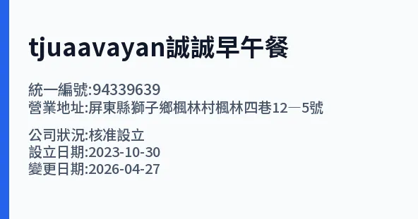tjuaavayan誠誠早午餐的照片-統編 94339639(屏東縣) 公司登記資料與營業項目詳細圖表