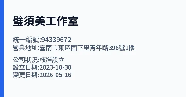 璧須美工作室的照片-統編 94339672(臺南市) 公司登記資料與營業項目詳細圖表