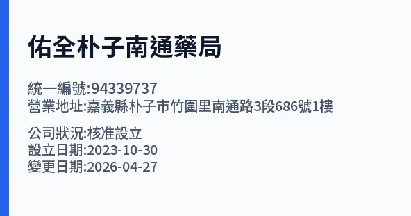 佑全朴子南通藥局的照片-統編 94339737(嘉義縣) 公司登記資料與營業項目詳細圖表
