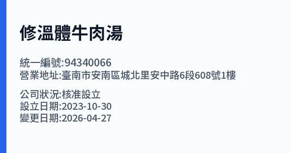 修溫體牛肉湯的照片-統編 94340066(臺南市) 公司登記資料與營業項目詳細圖表