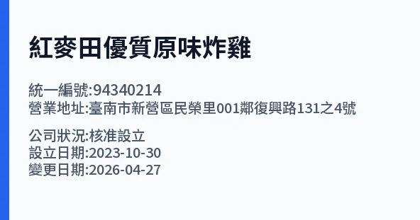 紅麥田優質原味炸雞的照片-統編 94340214(臺南市) 公司登記資料與營業項目詳細圖表