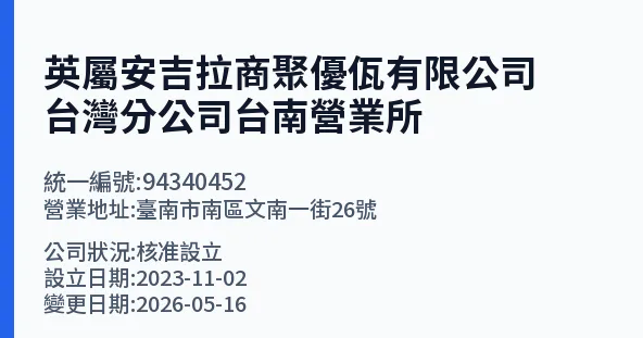 英屬安吉拉商聚優佤有限公司台灣分公司台南營業所的照片-統編 94340452(臺南市) 公司登記資料與營業項目詳細圖表