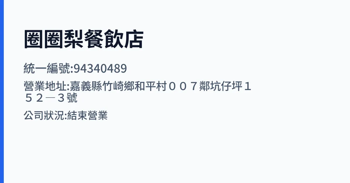 圈圈梨餐飲店 - 統編 94340489(嘉義縣) 公司登記資料與營業項目詳細圖表