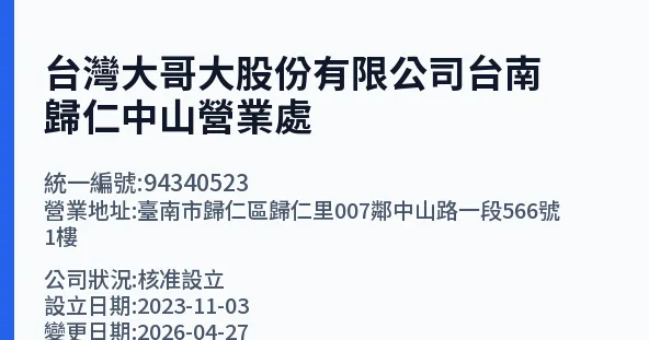 台灣大哥大股份有限公司台南歸仁中山營業處的照片-統編 94340523(臺南市) 公司登記資料與營業項目詳細圖表