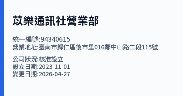 苡樂通訊社營業部的照片-統編 94340615(臺南市) 公司登記資料與營業項目詳細圖表