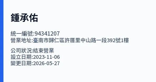 鍾承佑的照片-統編 94341207(臺南市) 公司登記資料與營業項目詳細圖表