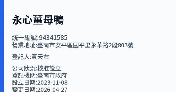 永心薑母鴨的照片-統編 94341585(臺南市) 公司登記資料與營業項目詳細圖表