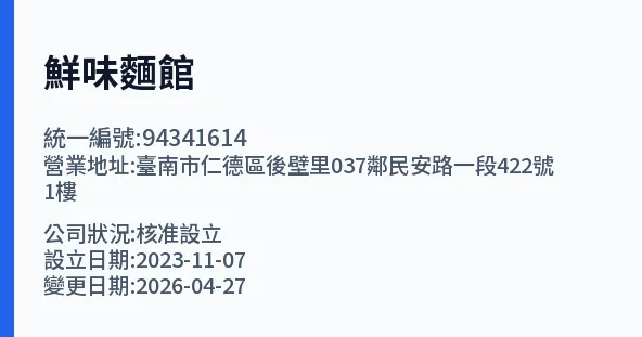 鮮味麵館的照片-統編 94341614(臺南市) 公司登記資料與營業項目詳細圖表