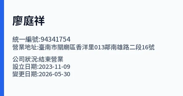 廖庭祥的照片-統編 94341754(臺南市) 公司登記資料與營業項目詳細圖表