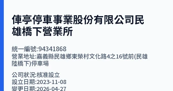 俥亭停車事業股份有限公司民雄橋下營業所的照片-統編 94341868(嘉義縣) 公司登記資料與營業項目詳細圖表
